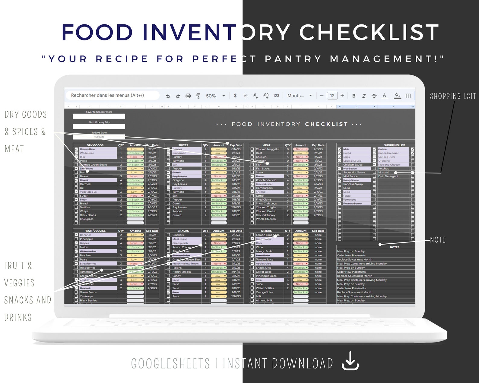 Food List Inventory Spreadsheet, Food Tracker Spreadsheet List Freezer ...