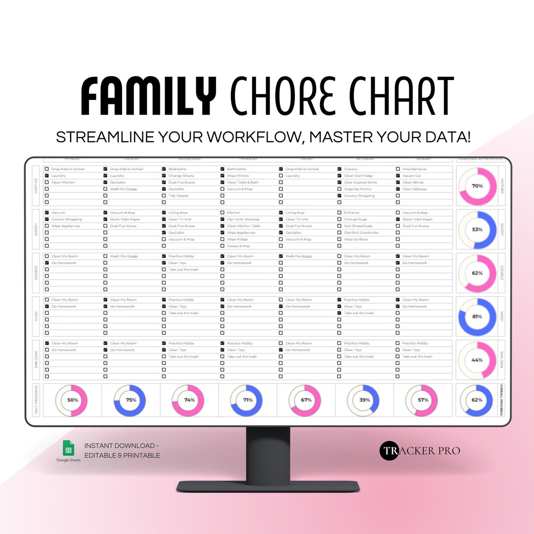 Chore Chart Spreadsheet, Weekly Chore Chart Checklist, Family Chores ...