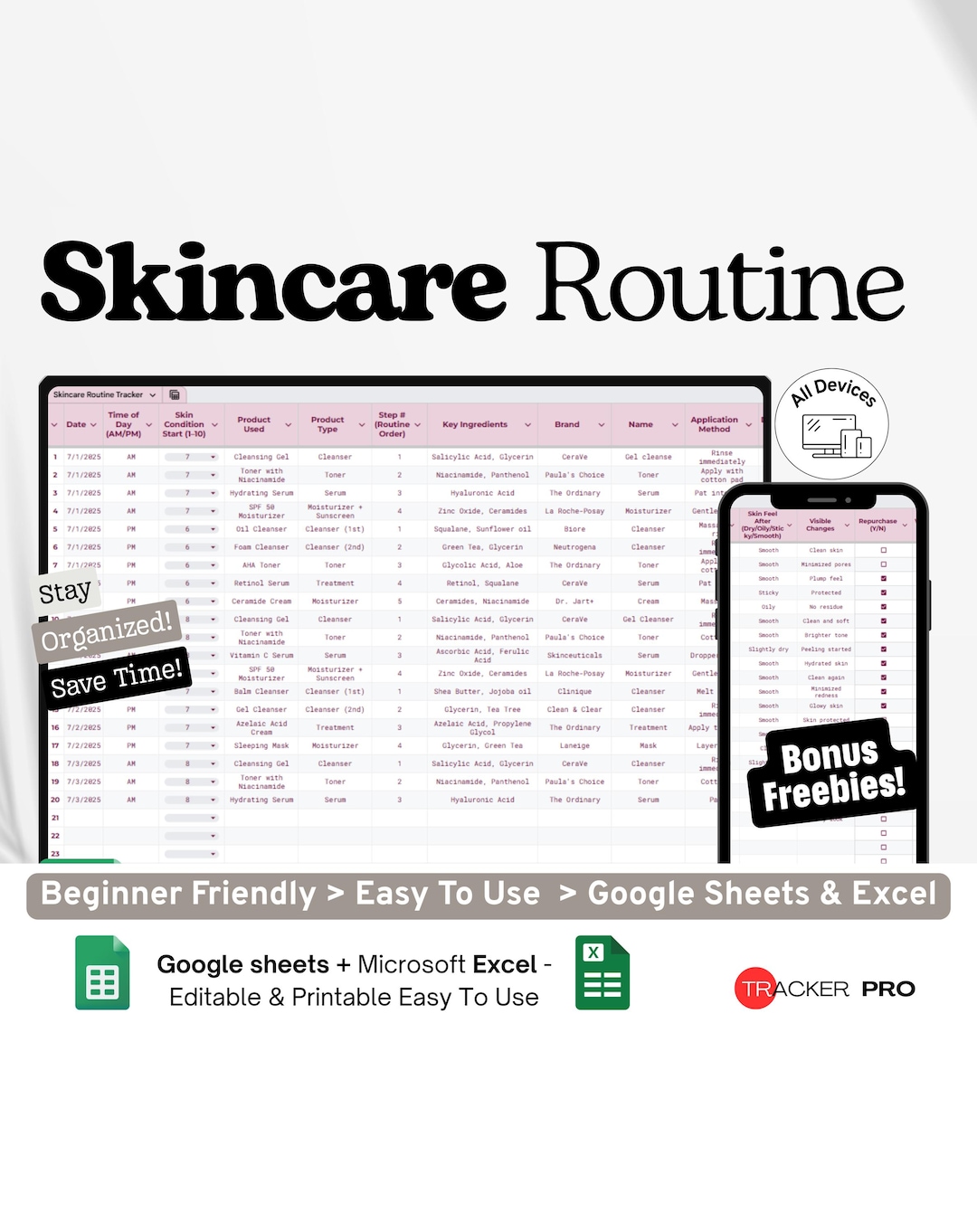 Skincare Routine Tracker Google Excel, Daily Beauty Log, AM/PM Routine ...