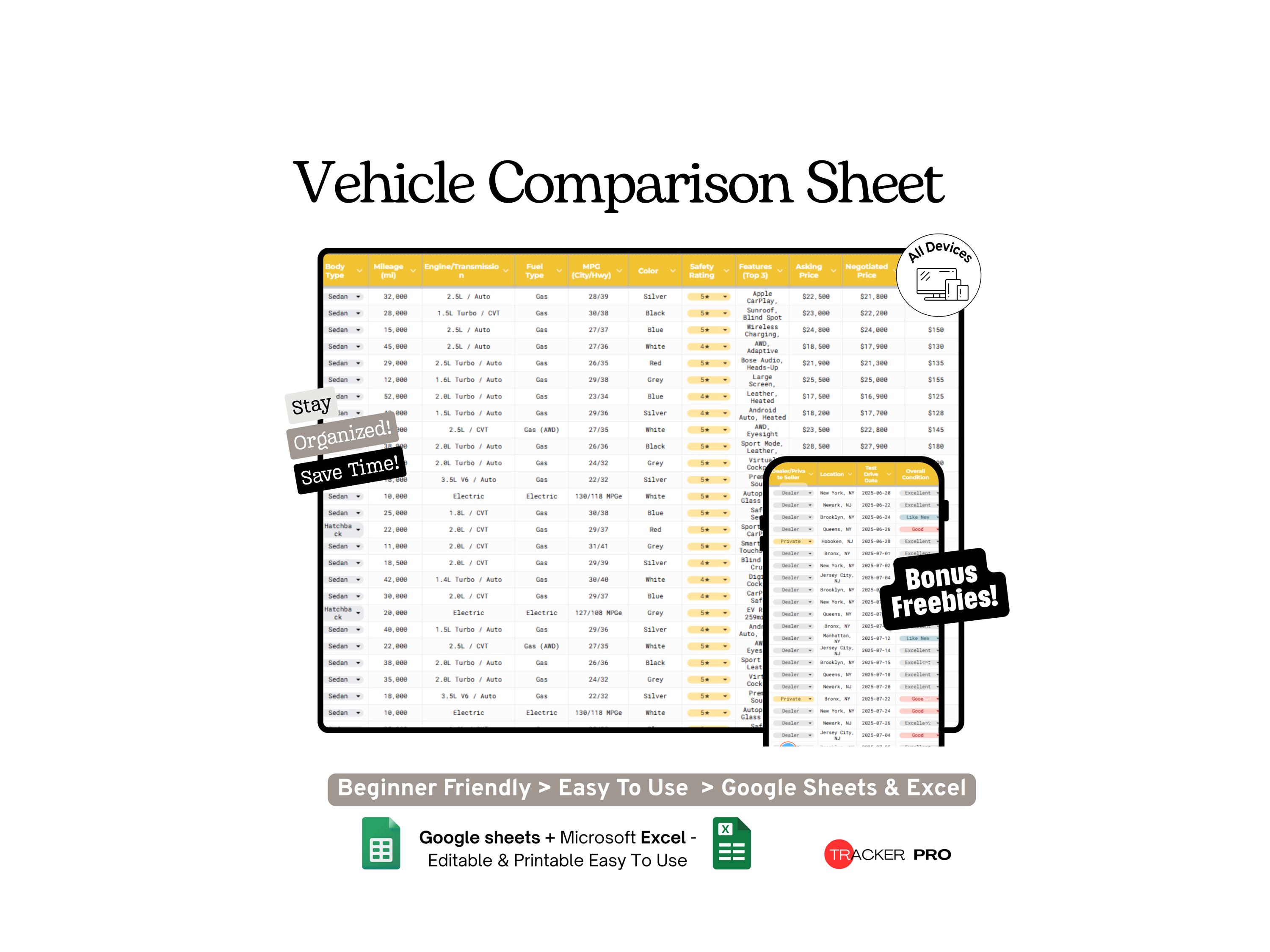 Vehicle Comparison Sheet Google Sheets Template, Car Buying Planner ...