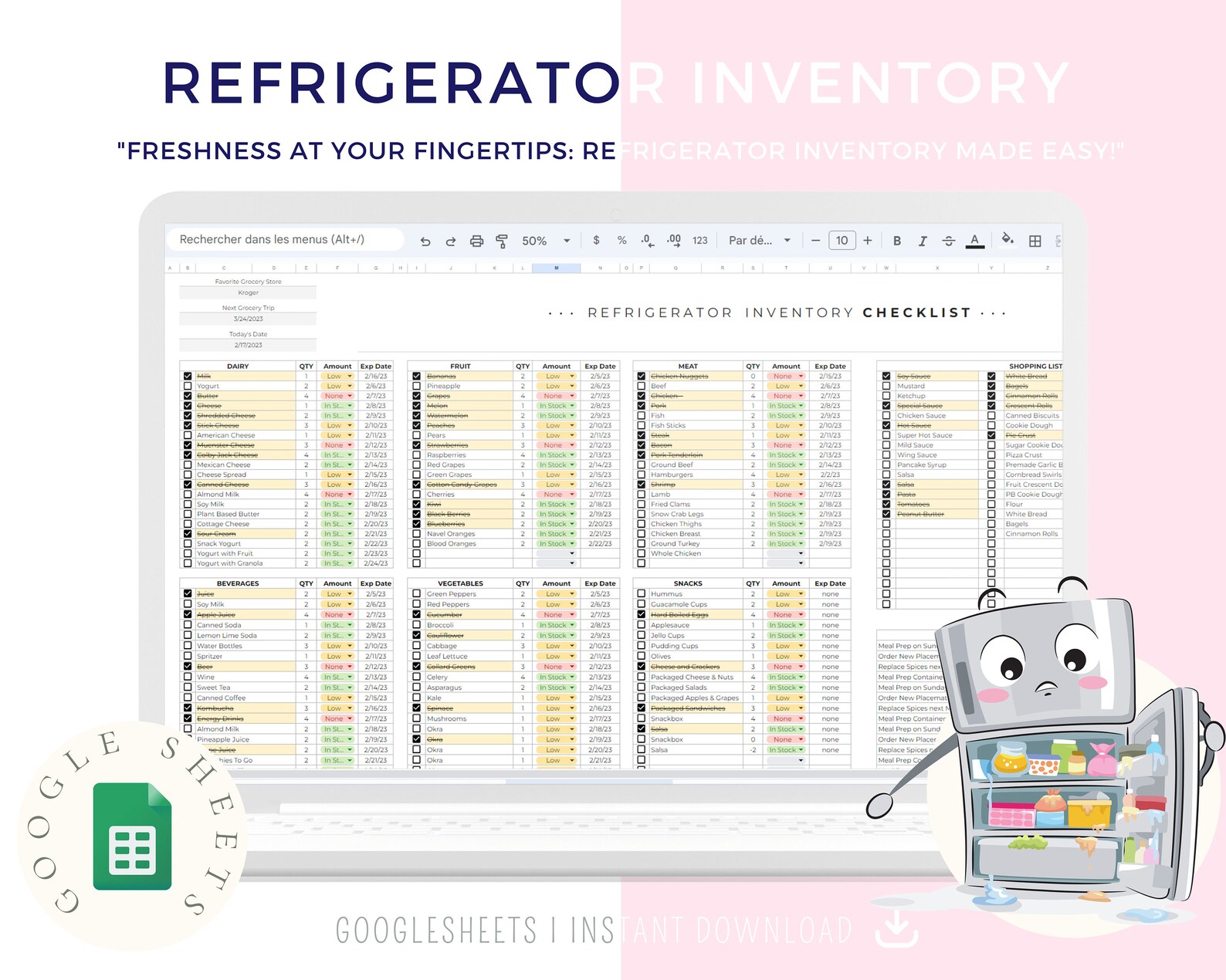 Refrigerator Inventory Template, Refrigerator Checklist, Refrigerator ...