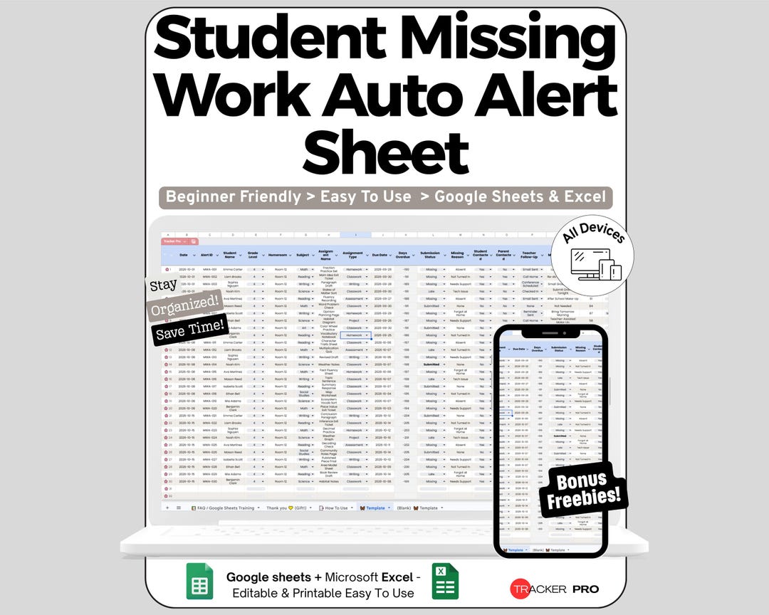 Missing Work Spreadsheet for Google Sheets and Excel Assignment ...
