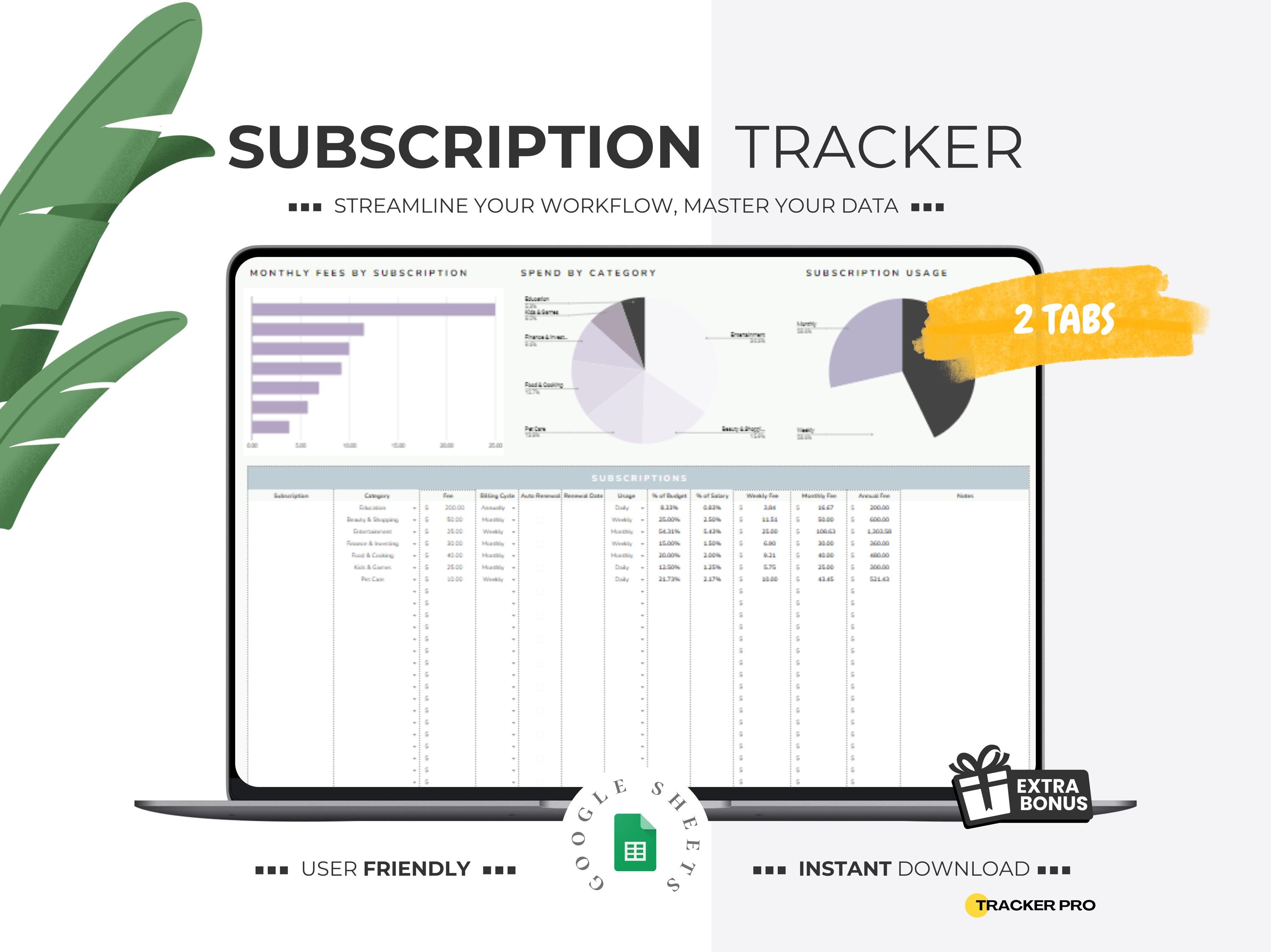 Monthly Subscription Tracker Google Sheets, Monthly Subscription ...
