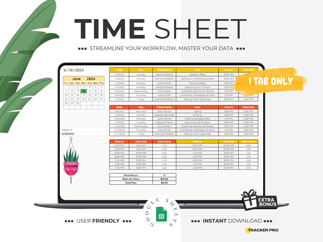 Weekly Time Sheet, Employee Time Tracker, Clock in and Out Timesheet ...