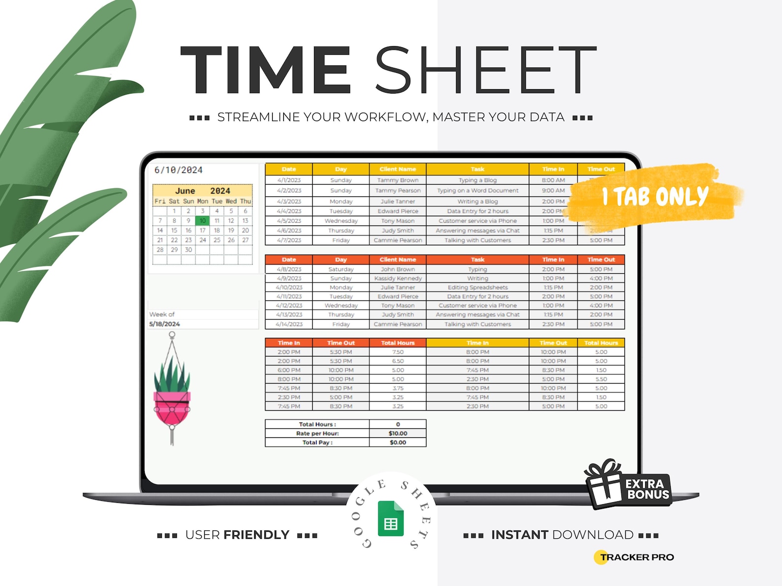 Weekly Time Sheet, Employee Time Tracker, Clock in and Out Timesheet ...