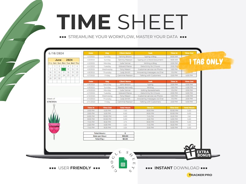 Weekly Time Sheet, Employee Time Tracker, Clock in and Out Timesheet ...