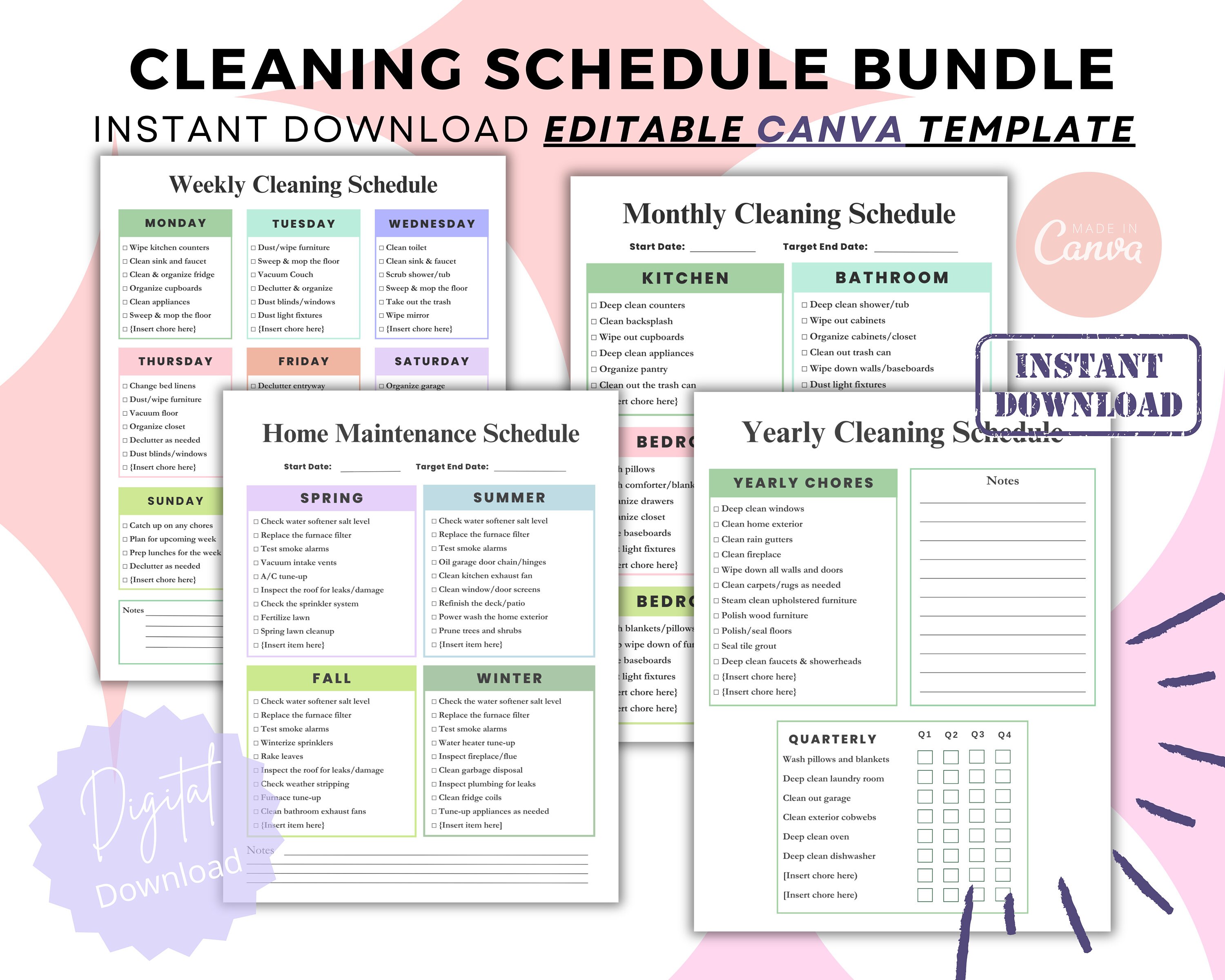 Editable Cleaning Schedule Bundle, Adult Chore Chart, ADHD Cleaning ...