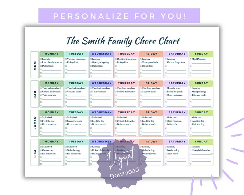 Editable Family Chore Chart, Printable Weekly Chore List, Adults Chore ...