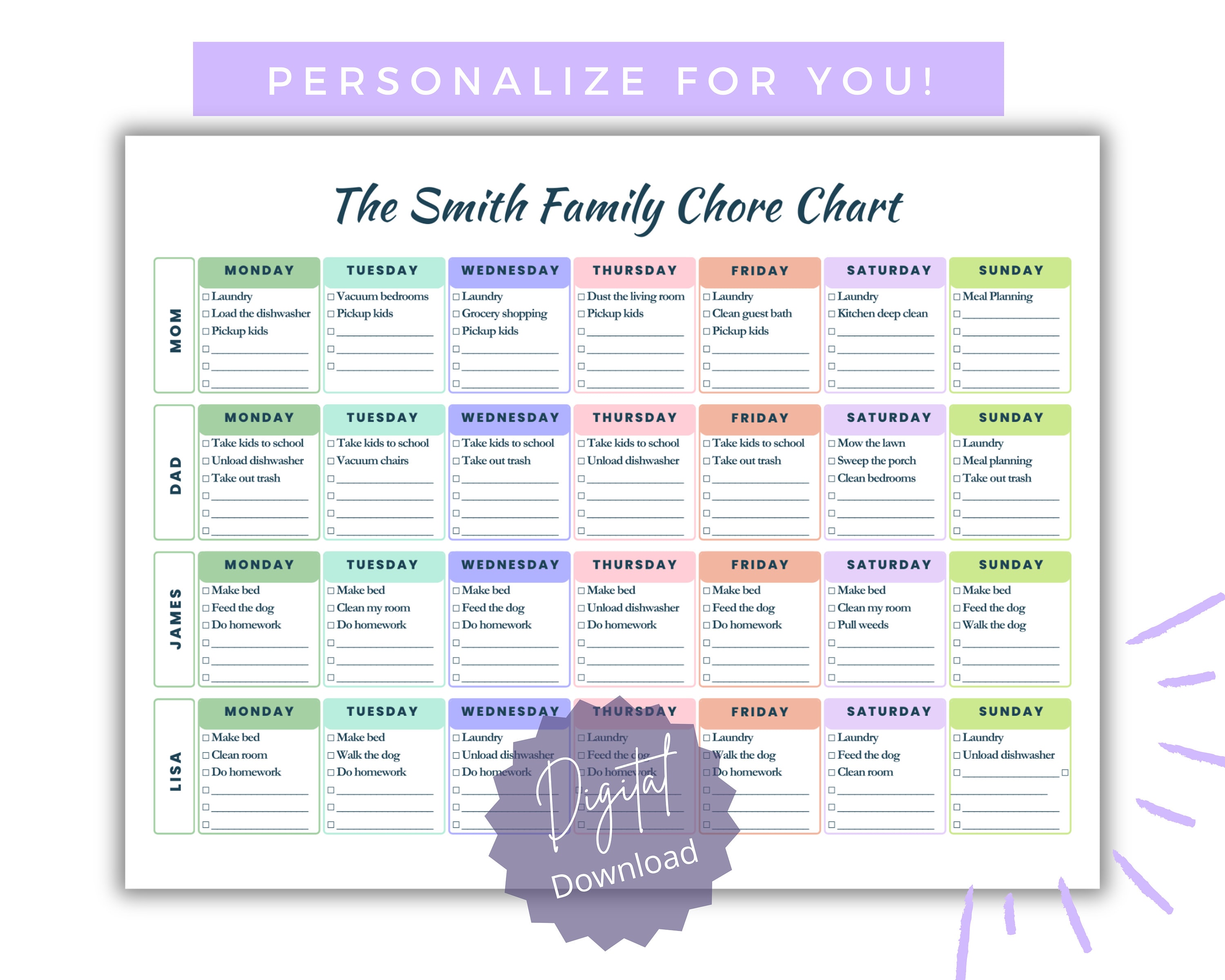 Editable Family Chore Chart, Printable Weekly Chore List, Adults Chore ...