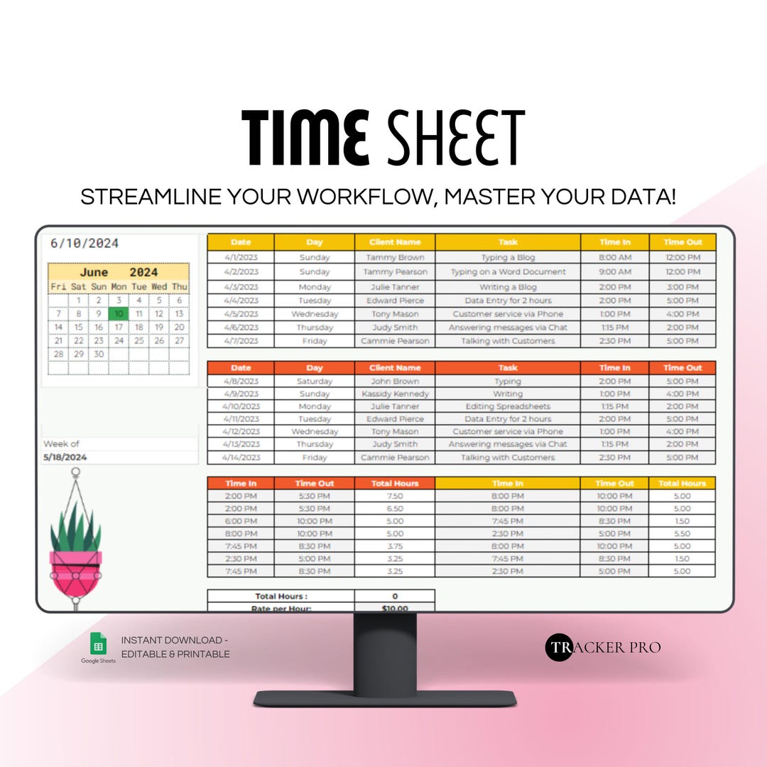 Time Sheet Tracker, Employee Time Tracker, Weekly Time Sheet, Biweekly ...