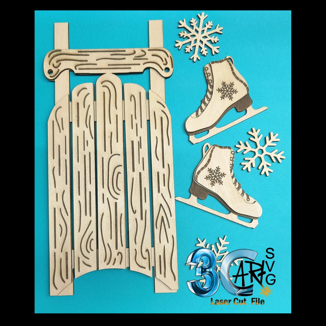 Sled With Ice Skates and Snowflakes Laser SVG Cut File, Wall Art, for ...