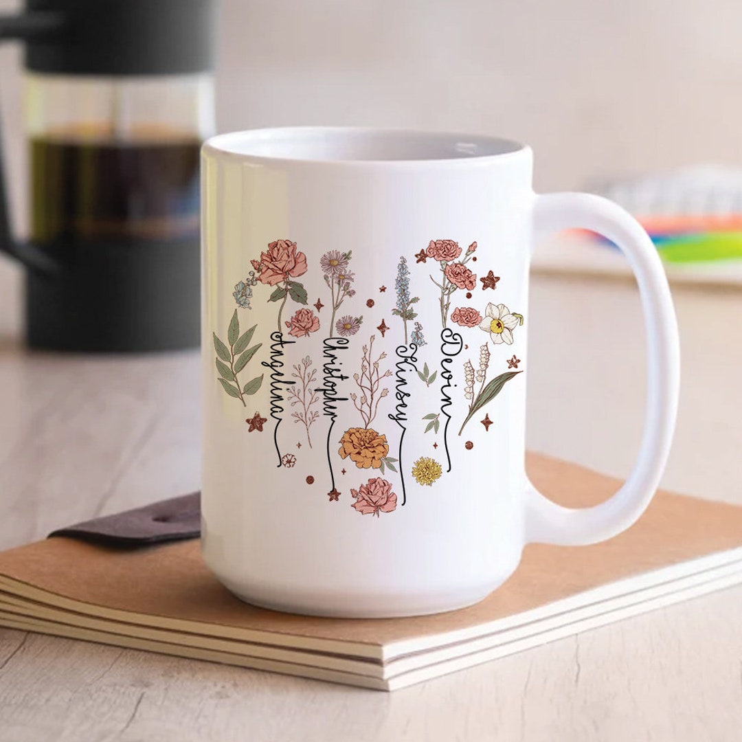 Birth Month Flower Mug, Moms Garden Mug With Kids Names, Custom Birth ...