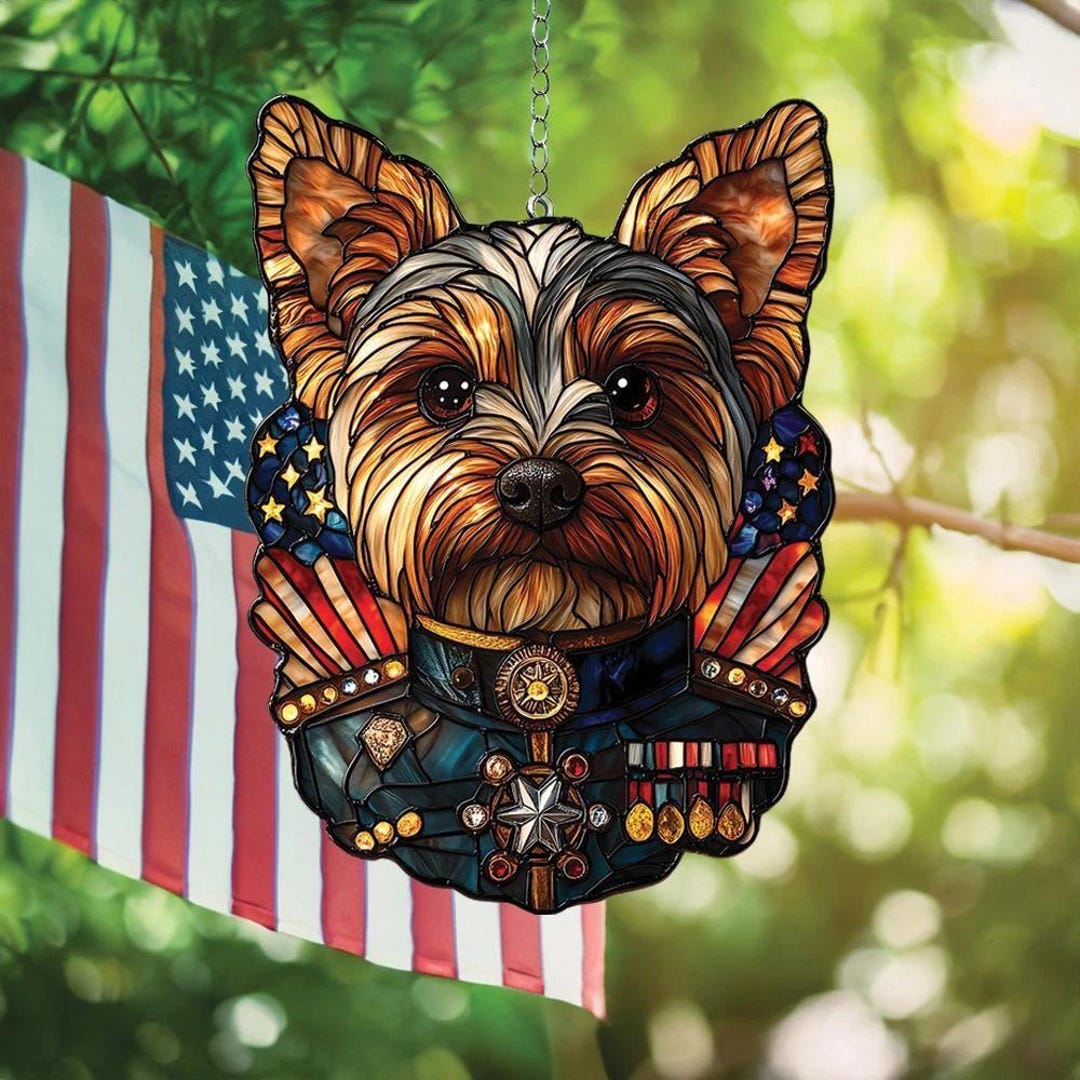 Yorkshire Terrier Patriotic Faux Stained Glass Suncatcher, Yorkie Dog ...