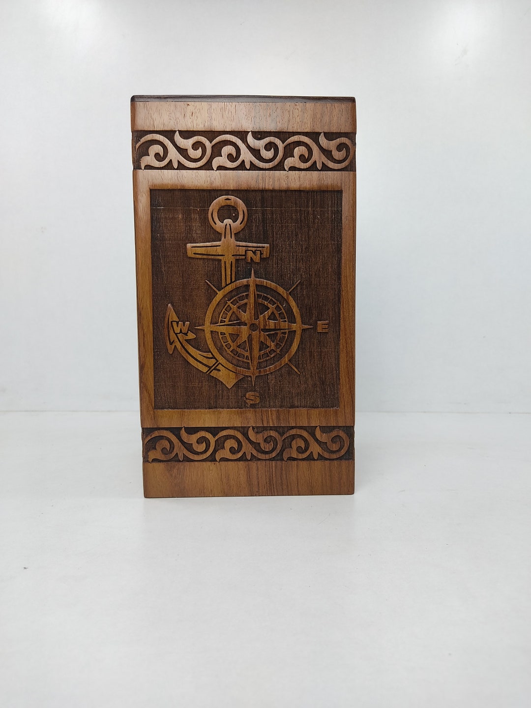 Wooden Urn Ashes Storage Box Beautiful Design Anchor With Compass ...