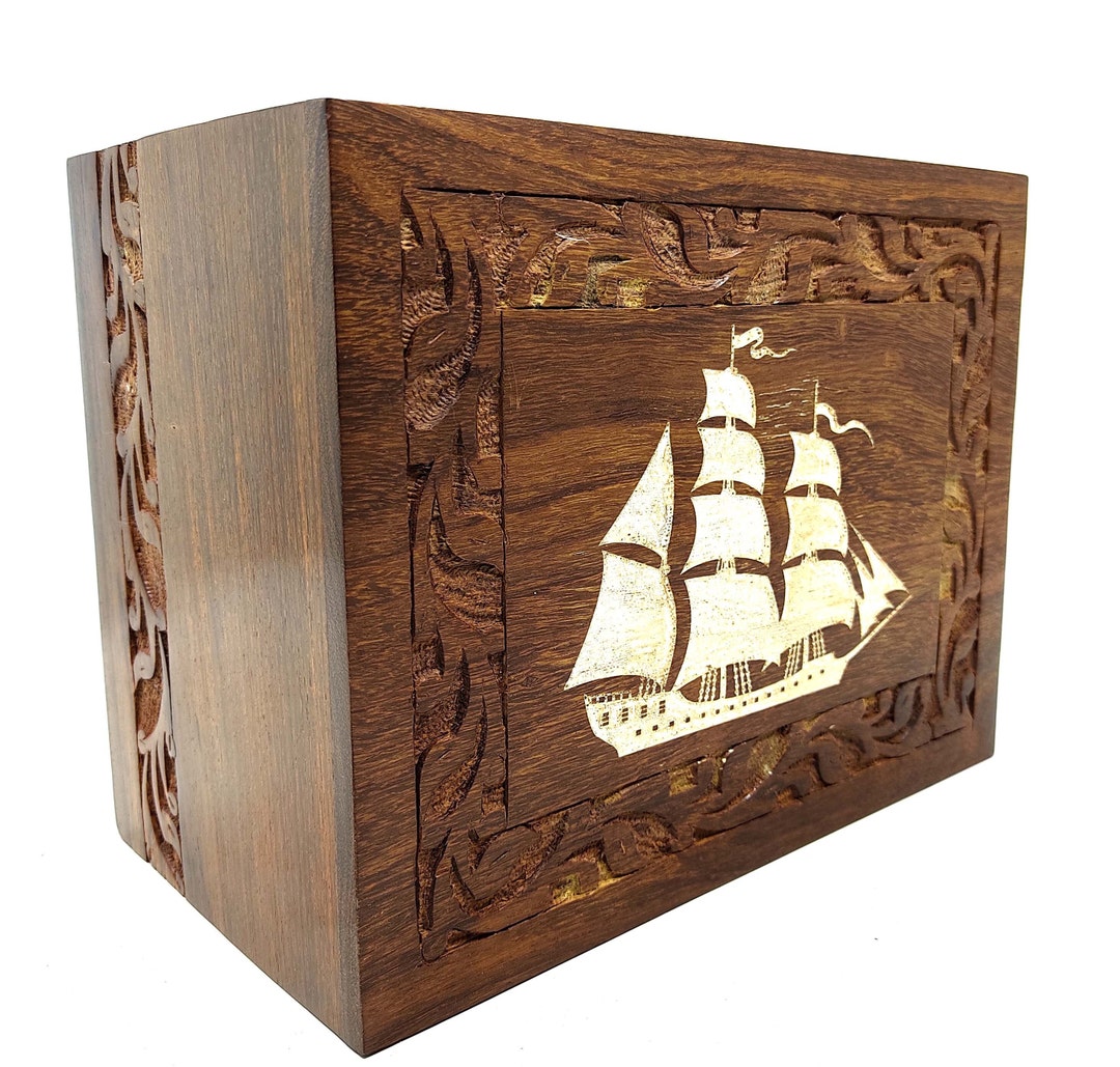 Wooden Urn Ashes Storage Box Boat Engraving & Border Carwing Design ...