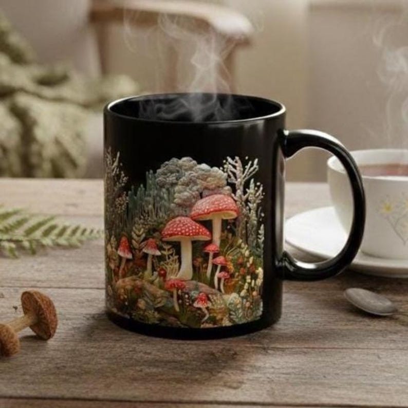 Red Toadstool Mushroom Forest Mug | Black Ceramic Coffee Cup ...