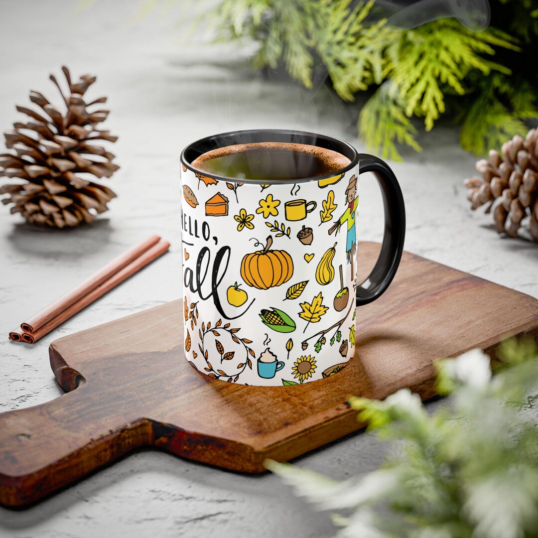 Hello Fall Mug | Autumn Pumpkin Leaves Scarecrow 11oz 15oz - Etsy