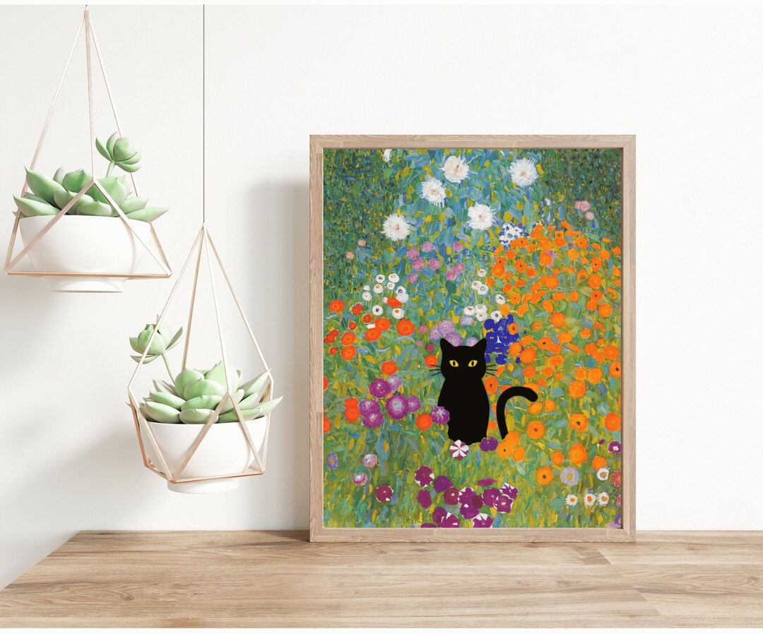 Gustav Klimt Garden Cat Print, Klimt Flowers Cat Poster, Black Cat Art ...