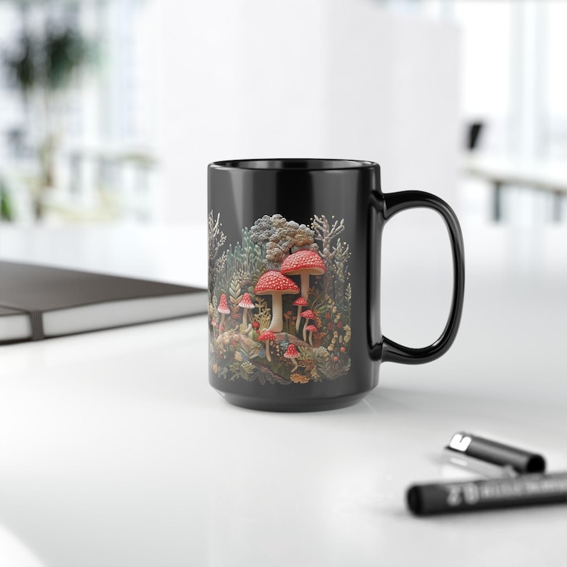 Red Toadstool Mushroom Forest Mug | Black Ceramic Coffee Cup ...