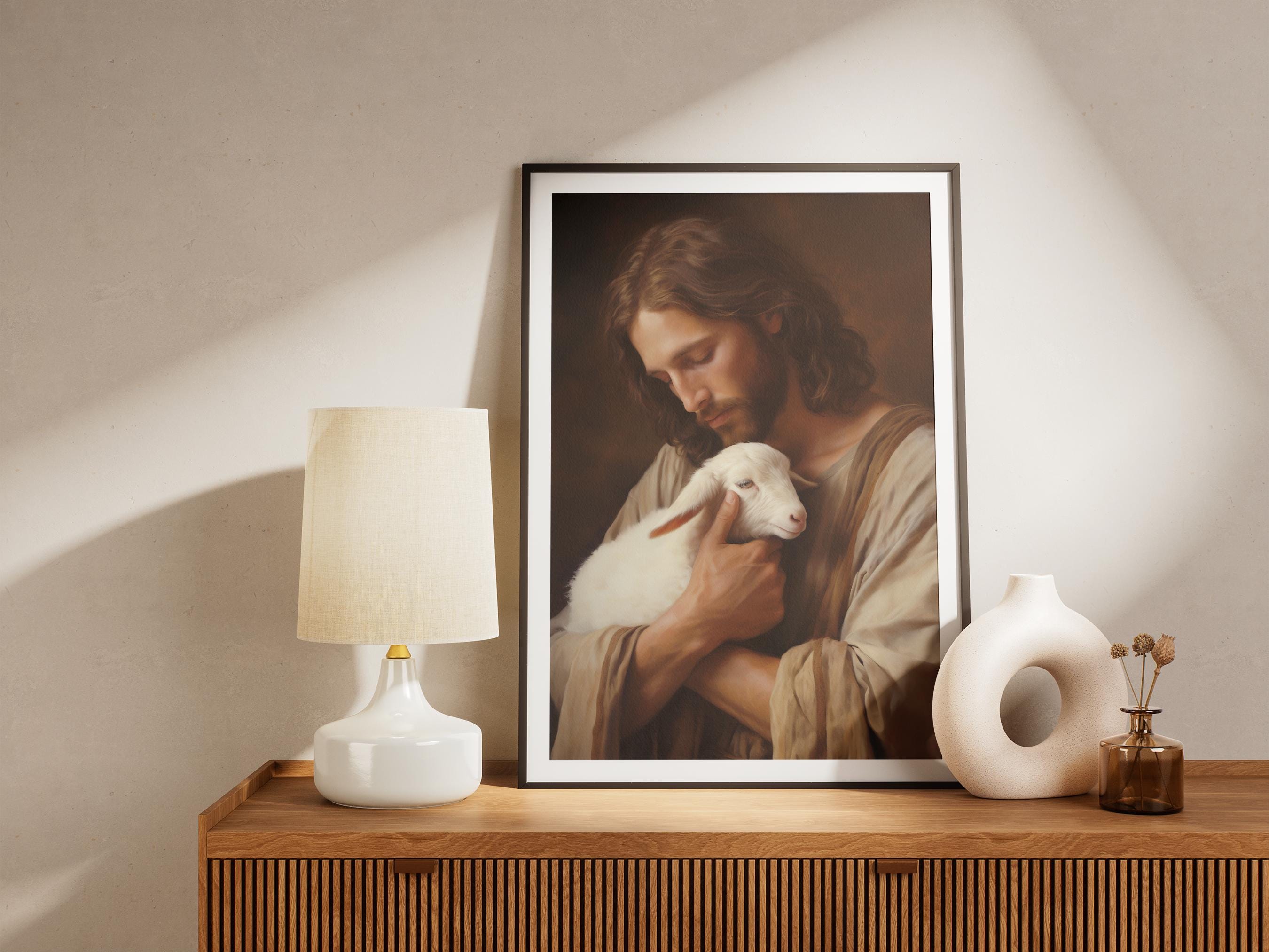 Jesus hält Lamm Druck, Christus rettet Lamm, Jesus und Lamm Kunst ...
