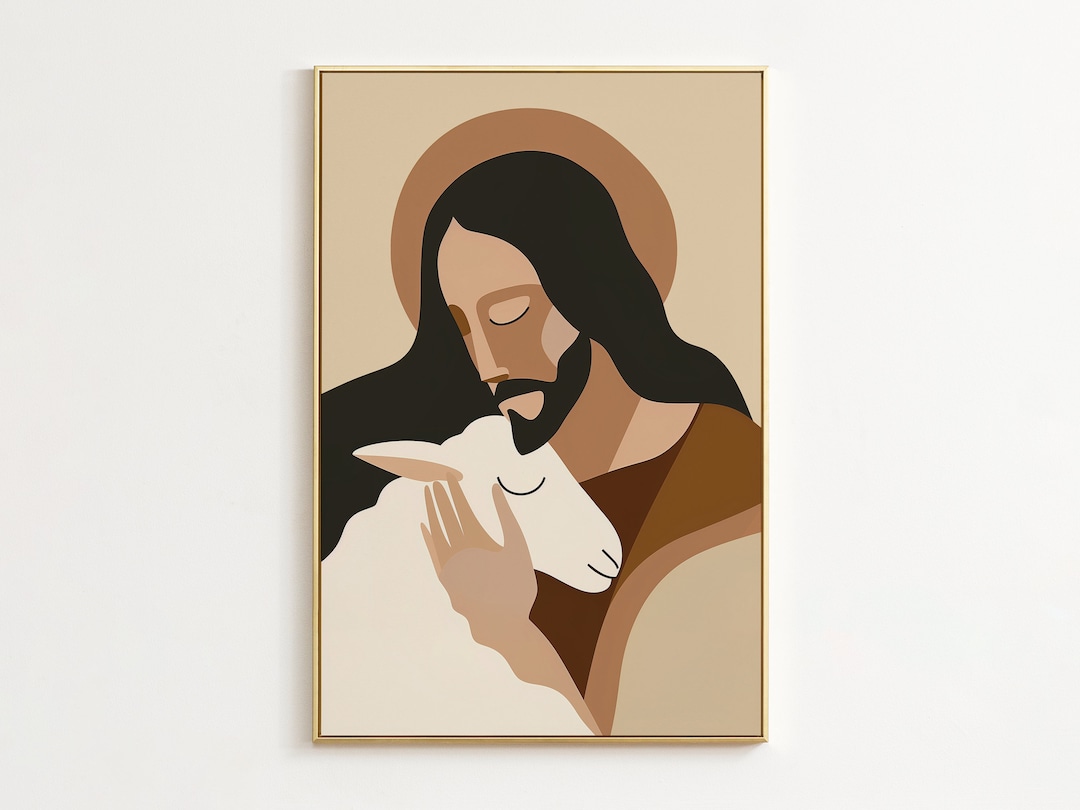 Jesus and Lamb, Christian Boho Wall Art, Leaves the 99, Minimalist ...