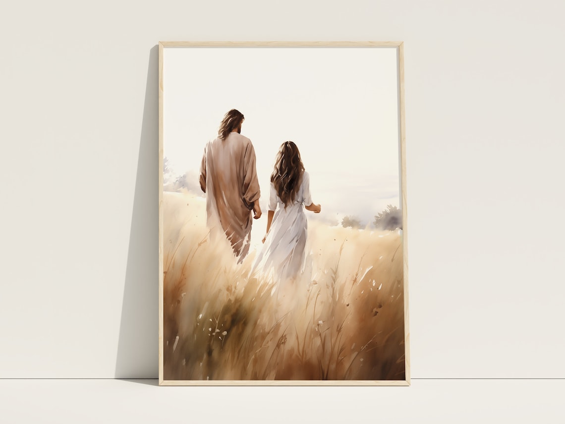 Jesus Walking With a Woman, Jesus Christ Print, Bible Art, Christian Wall Art, Neutral Colors ...