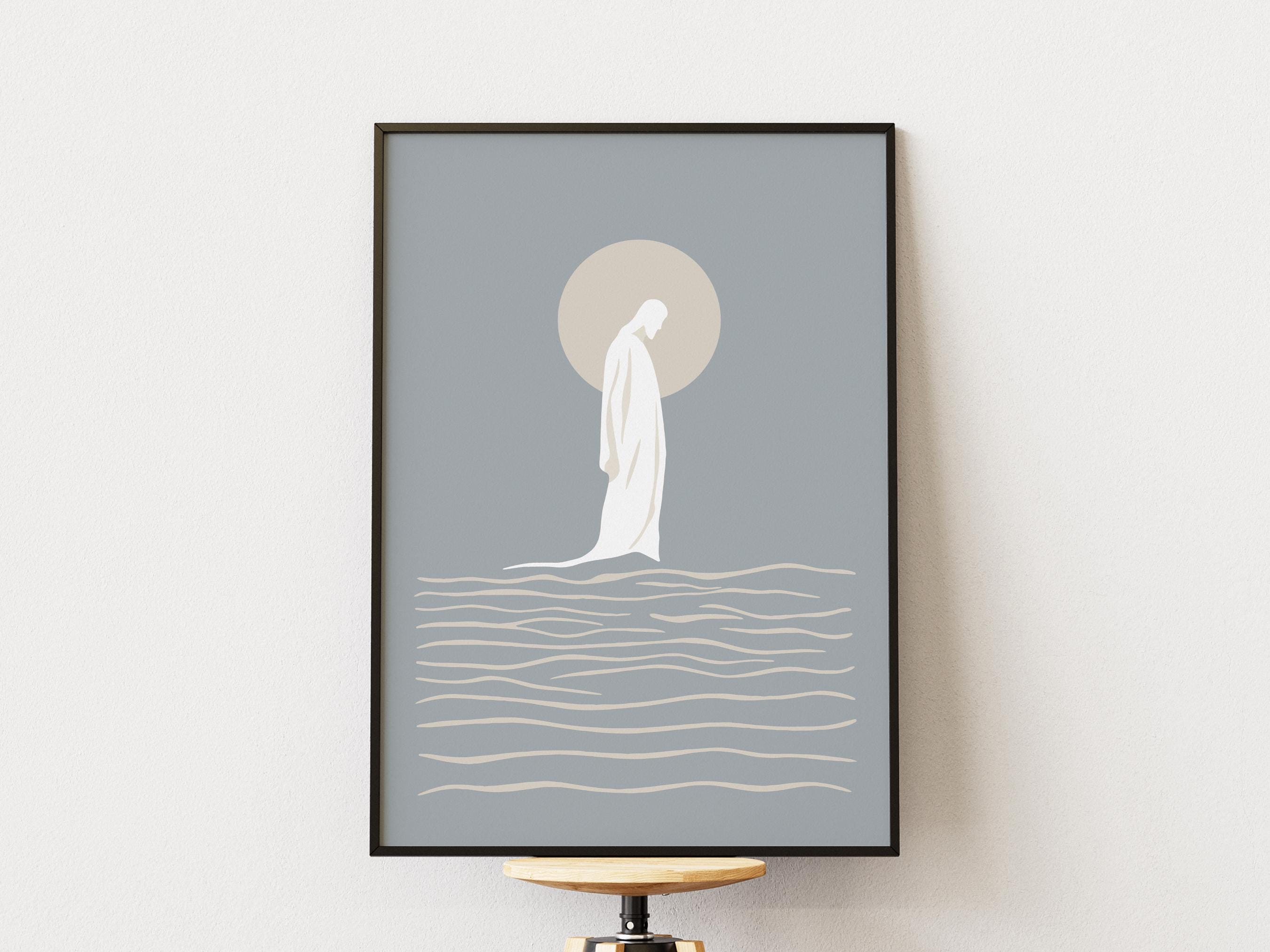 Jesus Walks on Water Digital, Minimalist Neutral Christian Art, Bible ...
