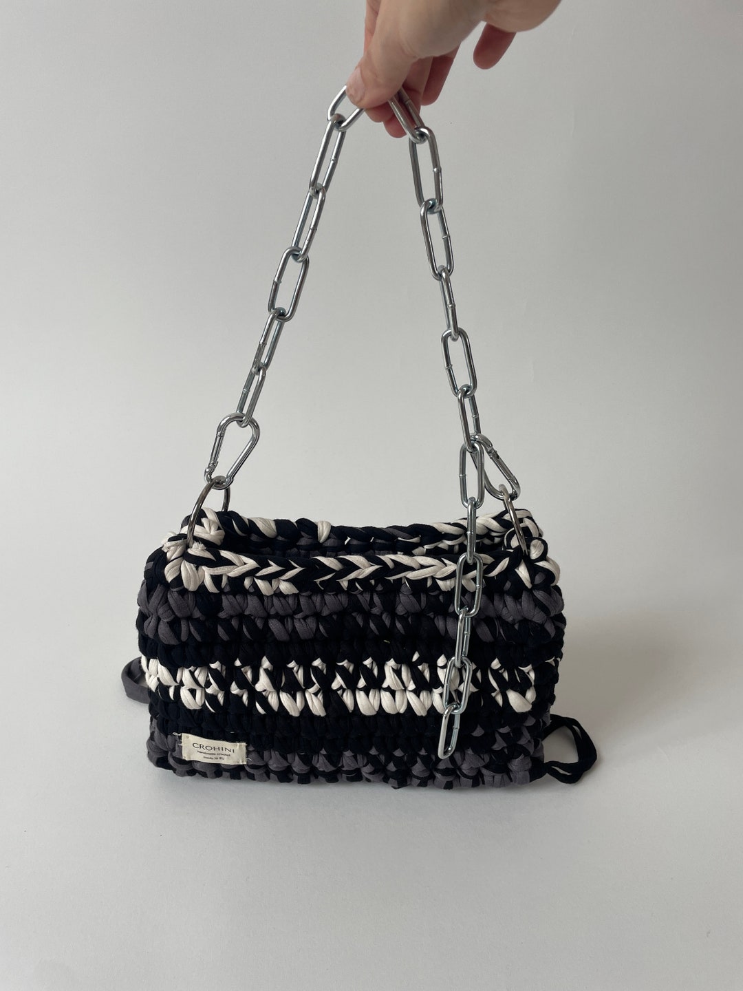 Black and Grey JOE Bag - Medium - Handmade Crochet Bag - Gehäkelte ...
