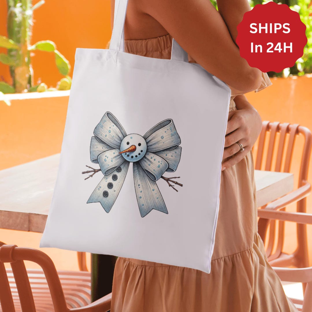 Tote Bag - Snowman Coquette Bow, Winter Themed Tote, Christmas Gift ...