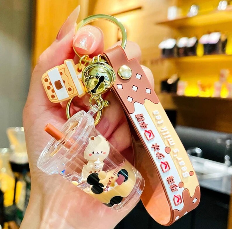 Boba Bear Cute Keychain Kawaii Sensory Liquid Keychain Liquid - Etsy