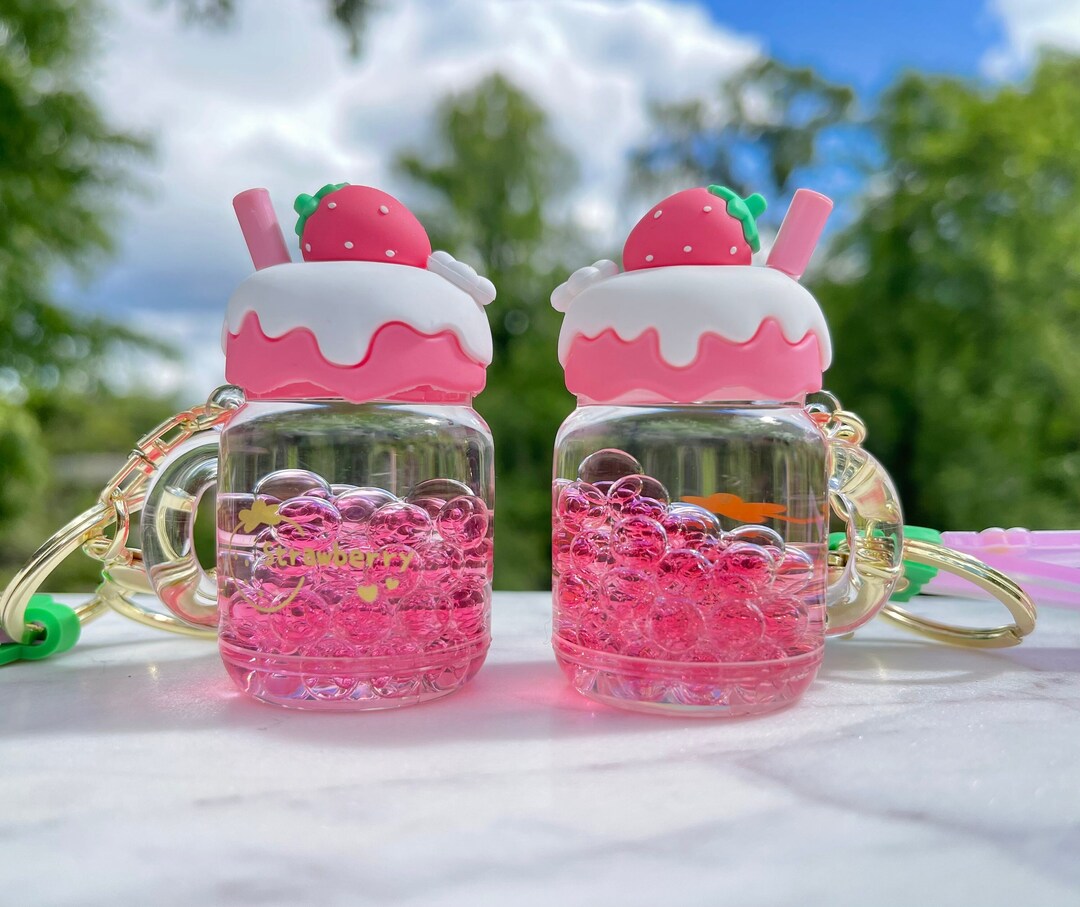 Kawaii Strawberry Sensory Liquid Floating Animal Keychain Cute Boba ...