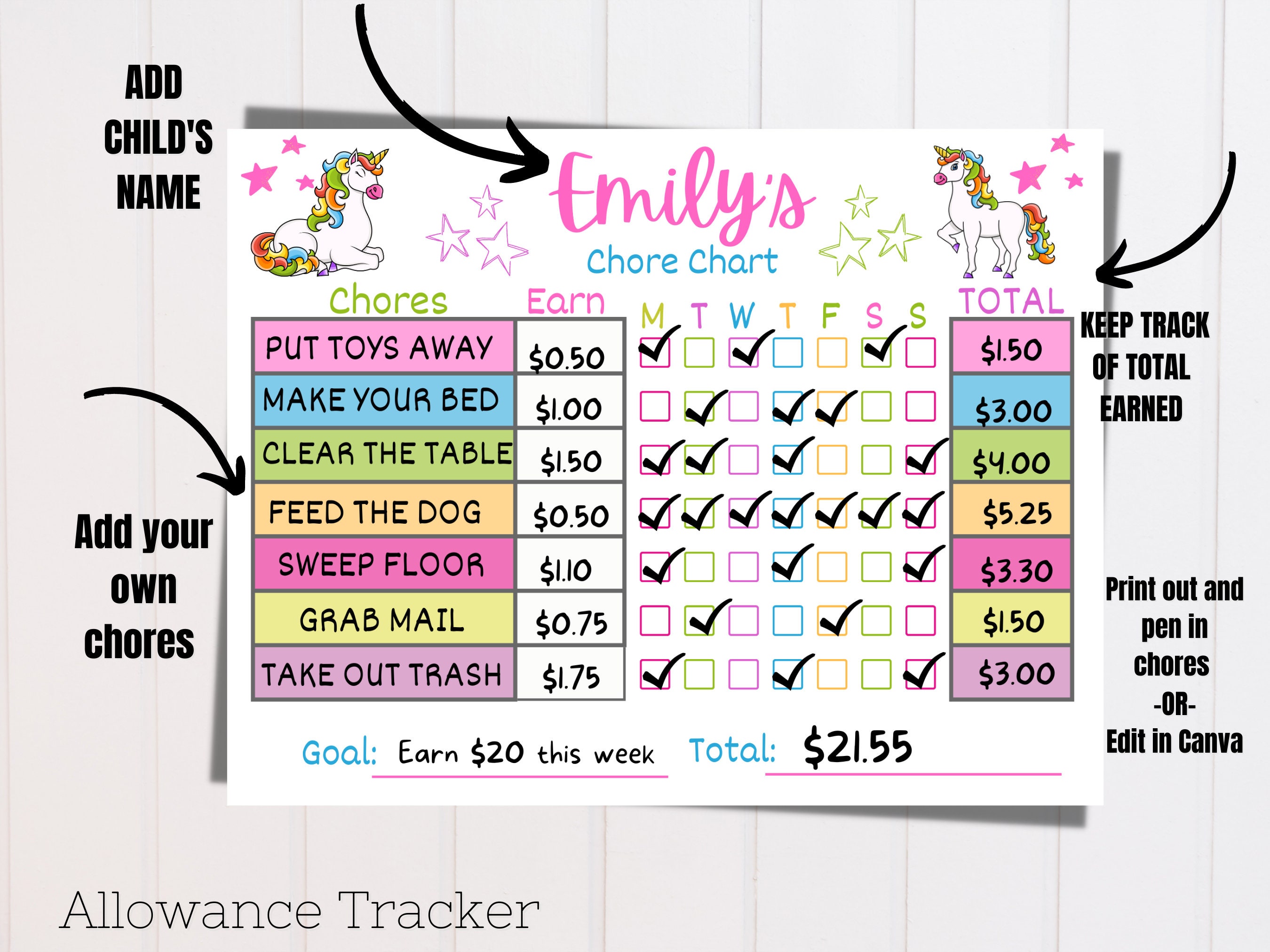 Instant Download | Kids Chore Chart | Editable Allowance Tracker | Kids ...