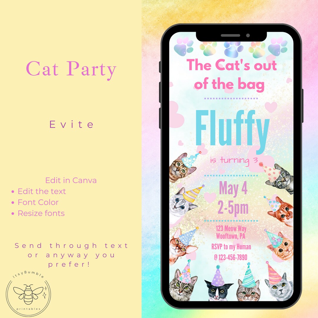 Editable Cat Birthday Invite Editable Cat Birthday Invitation ...