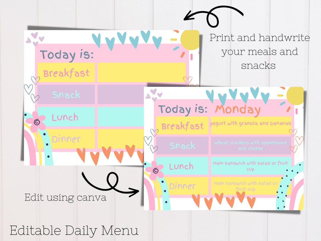Kids Daily Menu | Printable Menu Card | Printable Template | Daycare ...