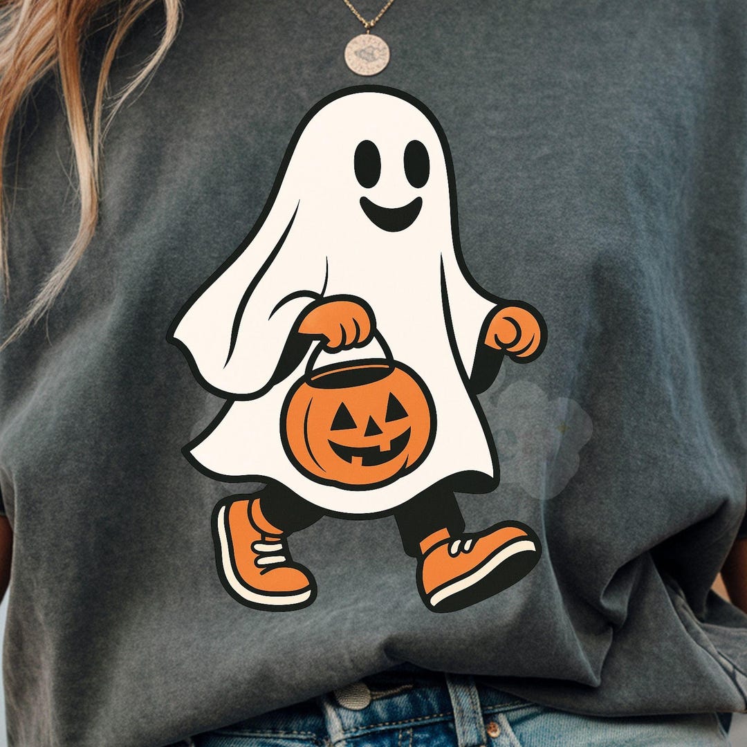 Cute Ghost PNG Little Boy Ghost With Sneakers Treat Pail Halloween ...