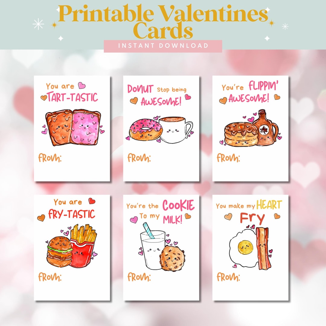 Valentine's Day Cards for Kids - Printable Food-themed Digital Download ...