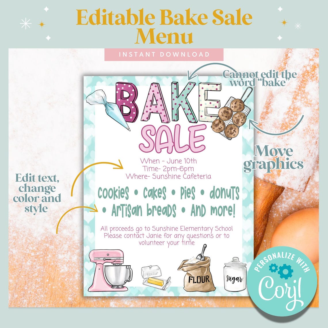 Editable Bake Sale Menu – Printable Fundraiser Sign, DIY Price List, Custom Bakery Menu, Corjl ...