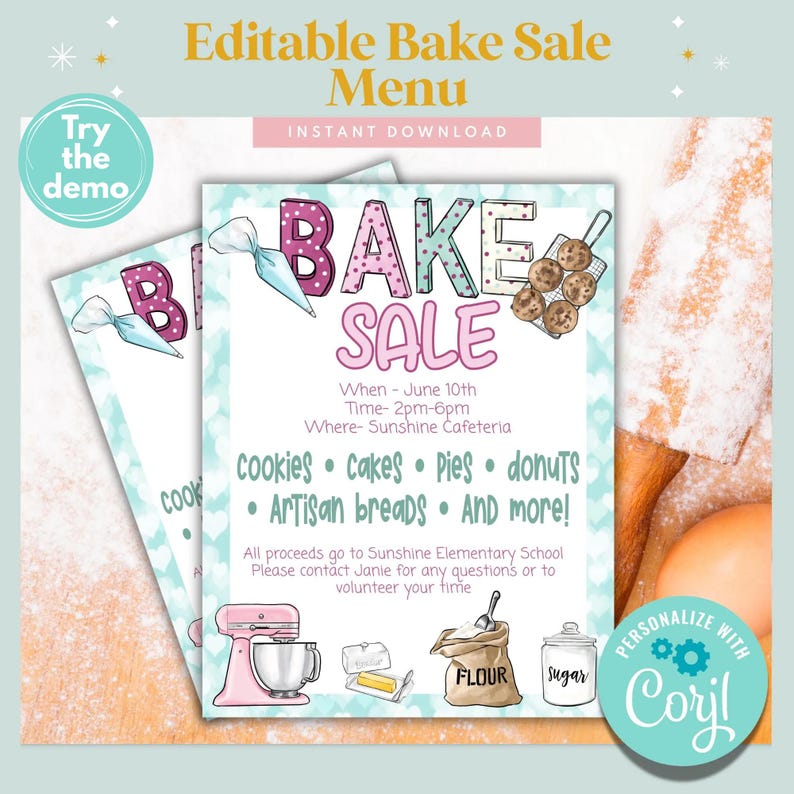 Editable Bake Sale Menu – Printable Fundraiser Sign, DIY Price List, Custom Bakery Menu, Corjl ...