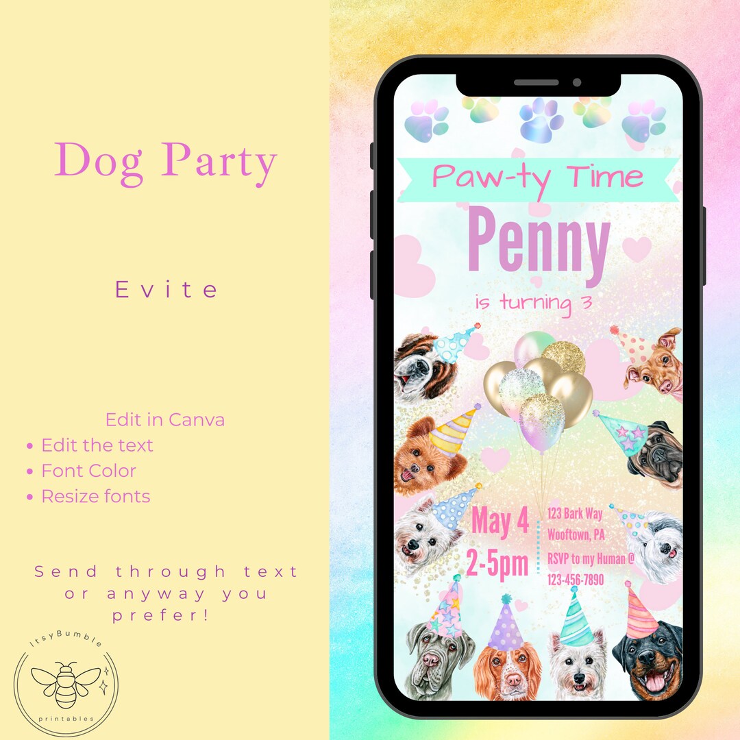 Editable Dog Birthday Invite Editable Dog Birthday Invitation ...