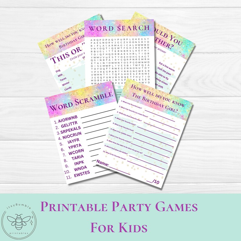 Printable Party Games for Girls | Girls Birthday Party Games | Rainbow ...