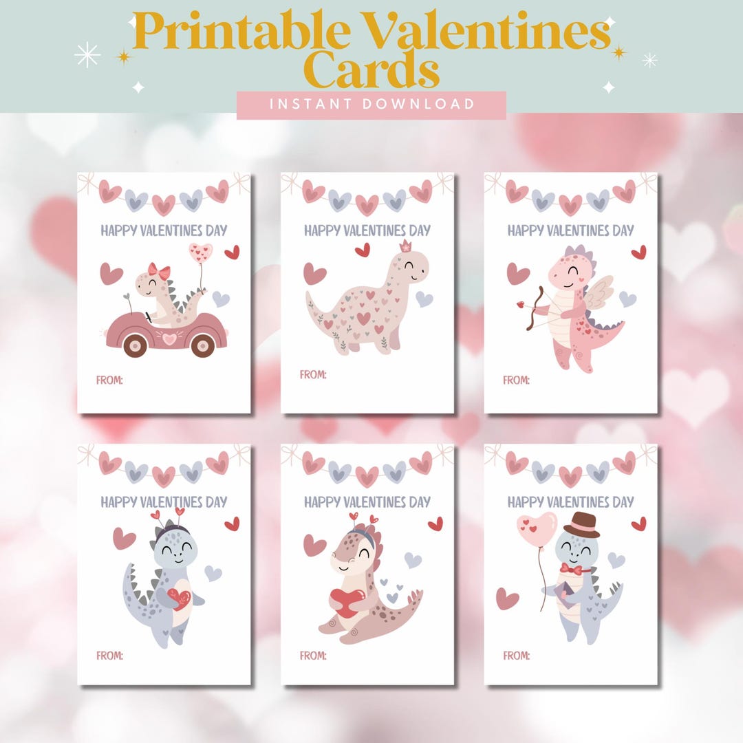 Dinosaur Valentine Cards, Printable Kids Valentines, 6 Fun Dino Designs ...
