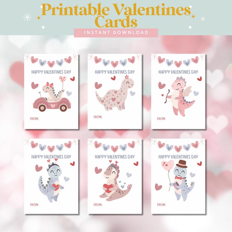 Dinosaur Valentine Cards, Printable Kids Valentines, 6 Fun Dino Designs ...