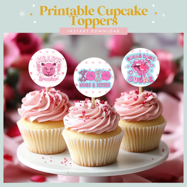 Printable Valentine Cupcake Toppers, 12 Designs, DIY Party Decorations ...