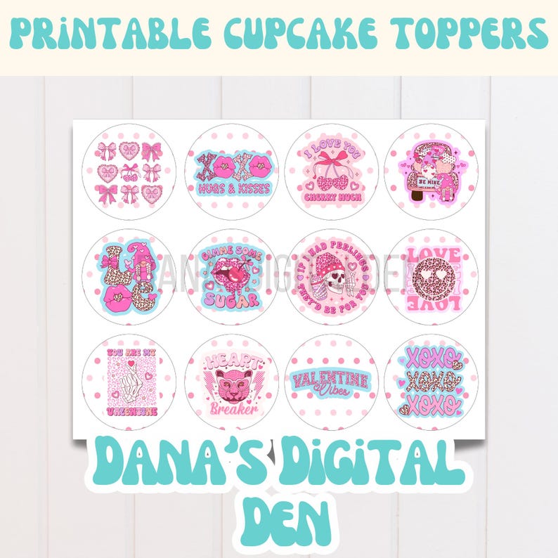 Printable Valentine Cupcake Toppers, 12 Designs, DIY Party Decorations ...
