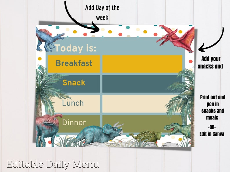 Instant Download | Daily Menu | Printable Menu Card | Dinosaurs ...
