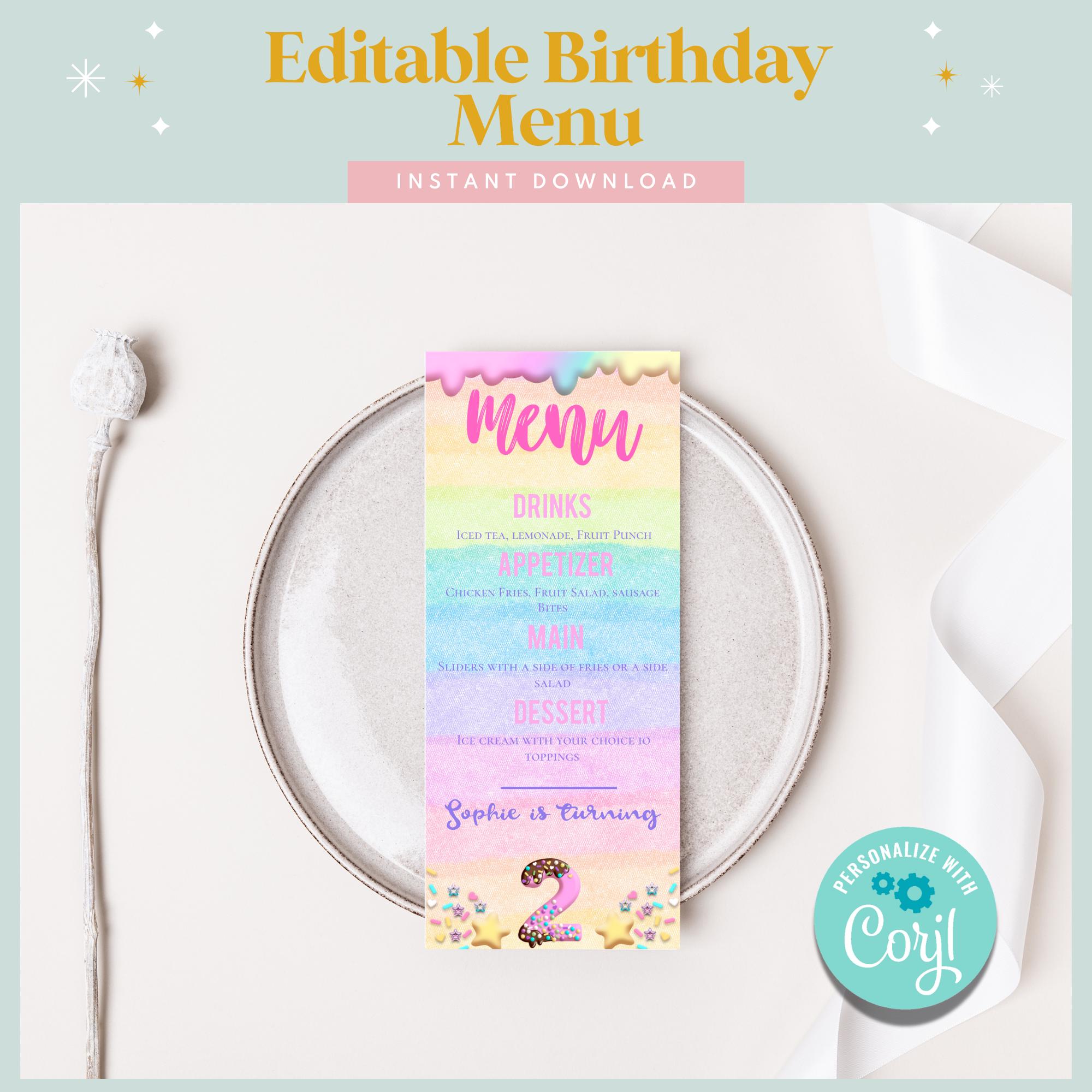 Editable Birthday Menu Template | Sweet Celebrations | 2nd Birthday ...