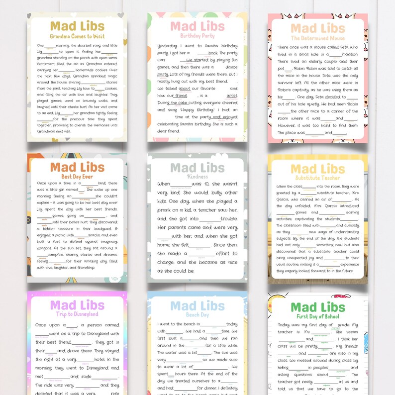 Fun Kids' Mad Libs Digital Download - Set of 10 Printable Sheets for ...