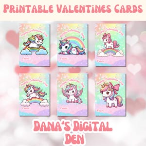Magical Unicorn Valentine Cards for Kids – Set of 6 Cute Printable ...