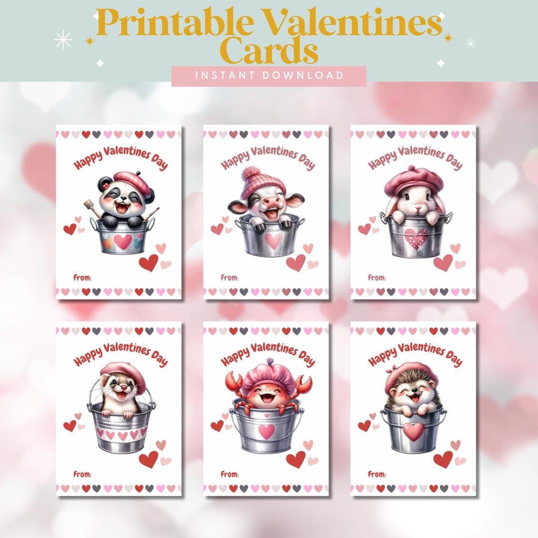 Cute Valentine Animal Cards for Kids, 6 Printable Designs, Digital ...