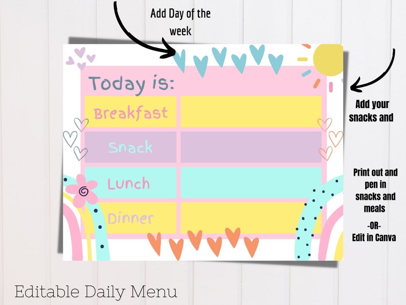 Kids Daily Menu | Printable Menu Card | Printable Template | Daycare ...